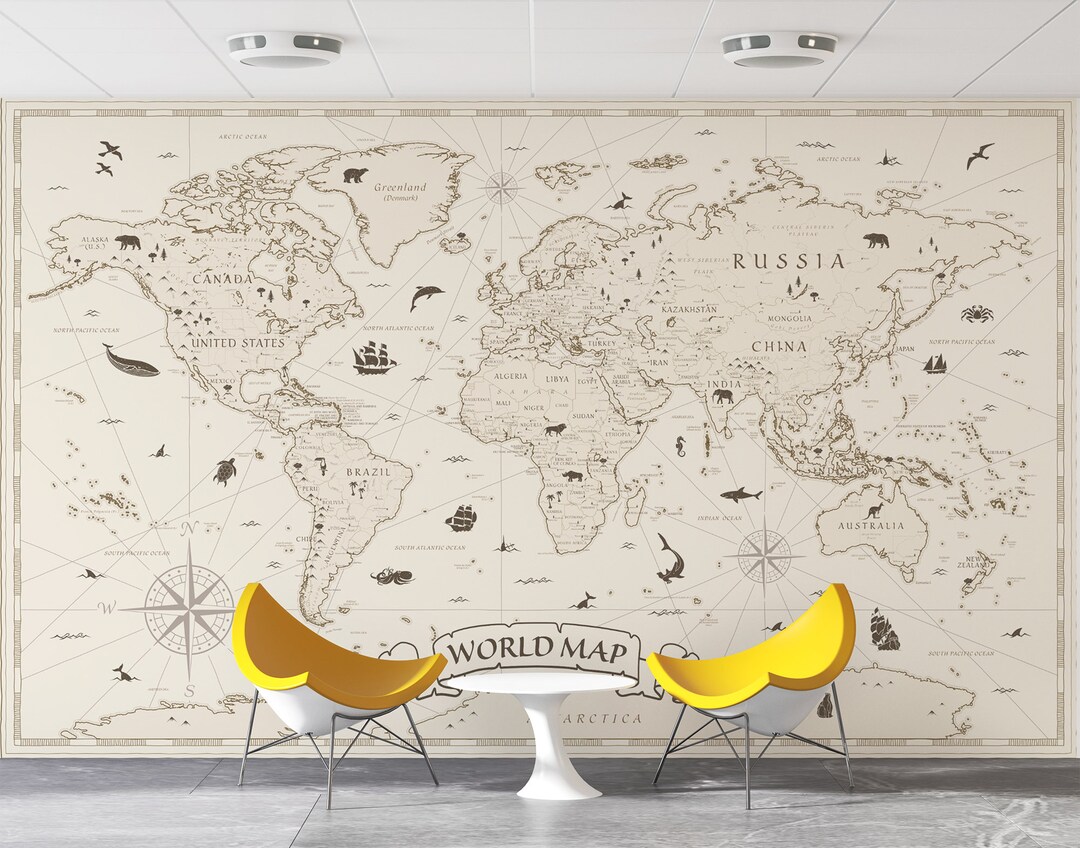World Map & Compass Wallpaper, Vintage World Map, Compass Wall Mural - Etsy