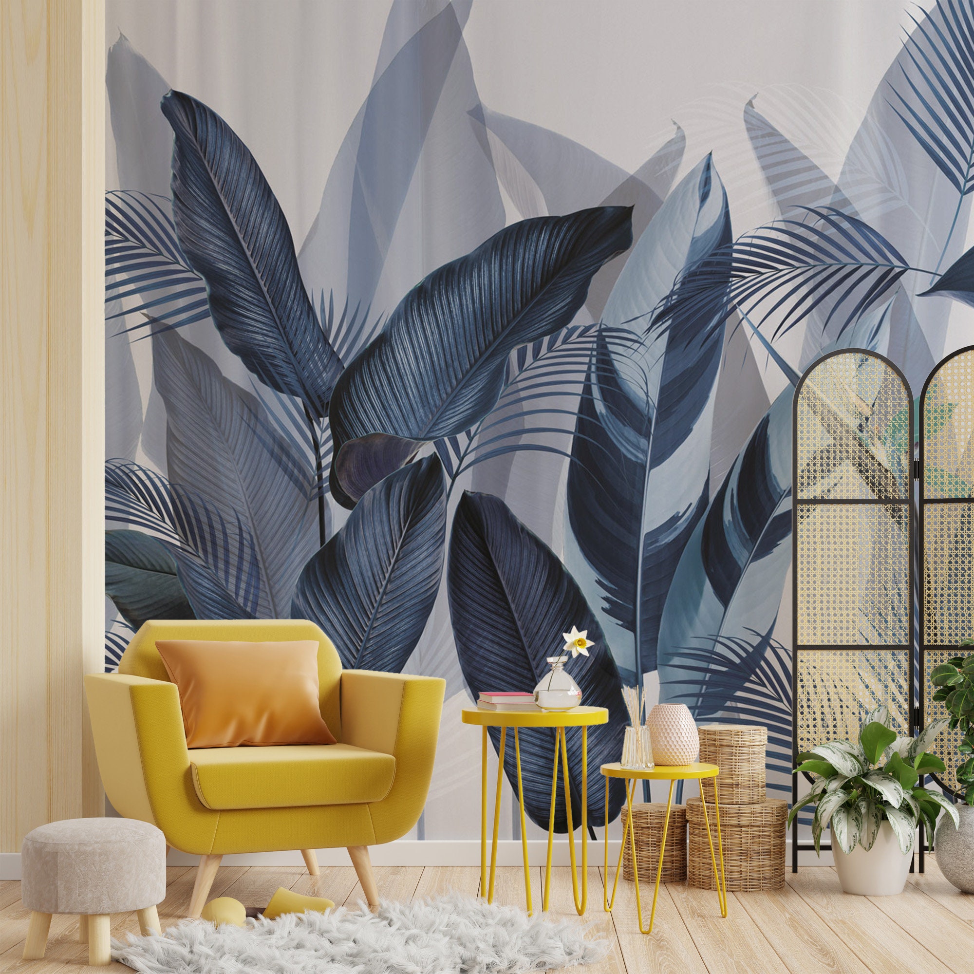 Blue Big Tropical Leaves Wallpaper , Blue Tropical Plants Wall ...