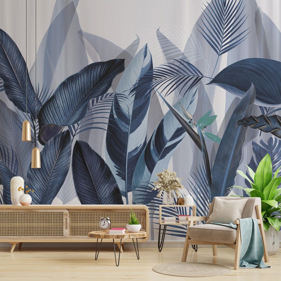 Blue Big Tropical Leaves Wallpaper , Blue Tropical Plants Wall ...