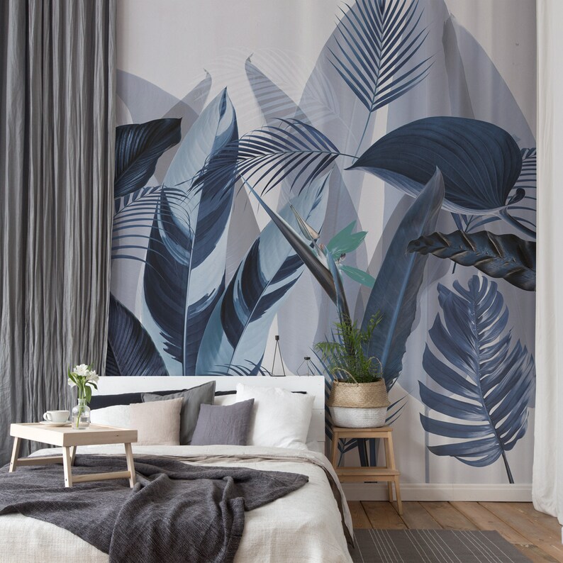 Blue Big Tropical Leaves Wallpaper , Blue Tropical Plants Wall ...