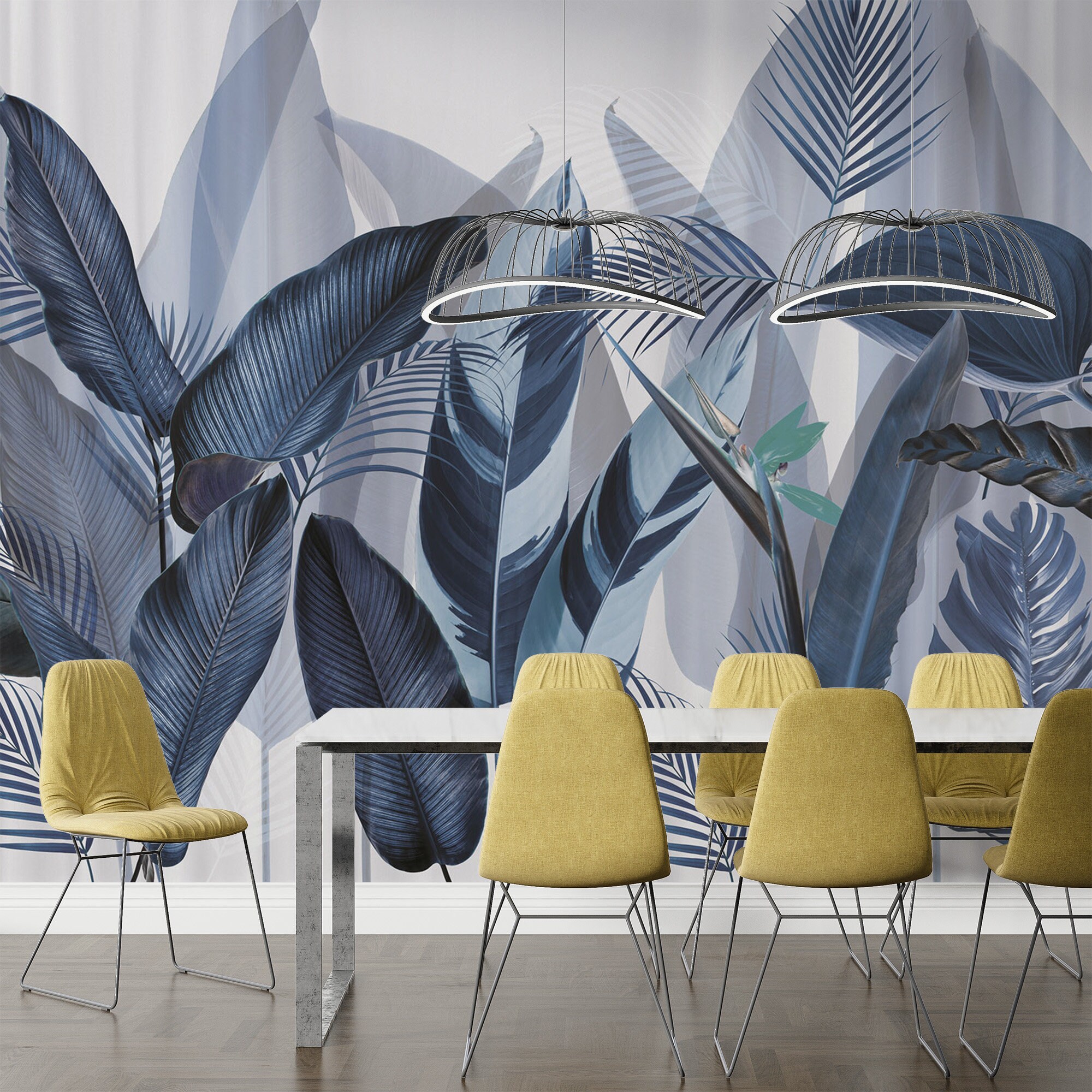 Blue Big Tropical Leaves Wallpaper , Blue Tropical Plants Wall ...