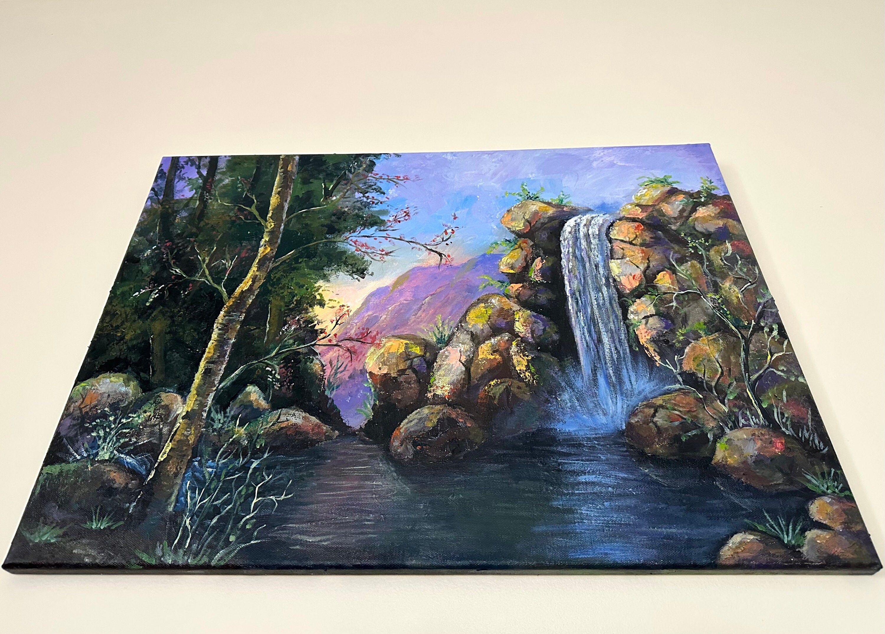 Waterfall Original Canvas Painting, Waterfall Acrylic Painting, Forest ...