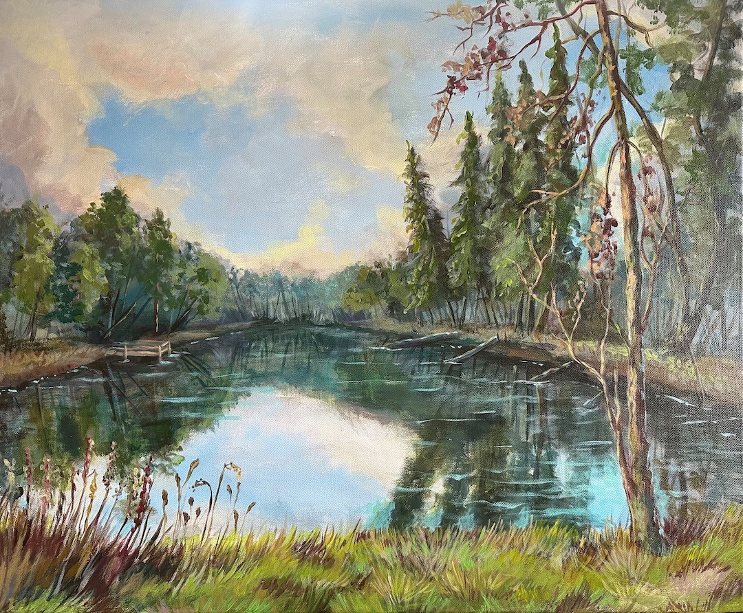 Forest Lake Acrylic Painting on Canvas, Hand Painted Wall Decor, Modern ...