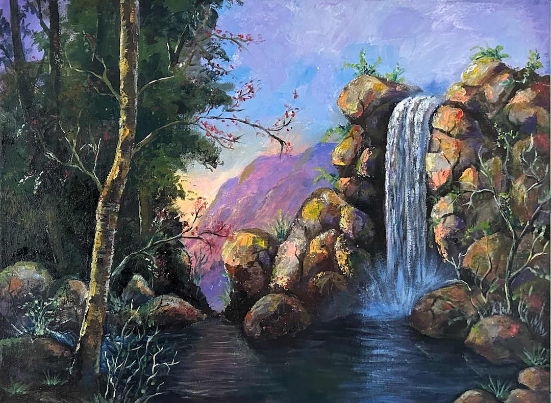 Waterfall Original Canvas Painting, Waterfall Acrylic Painting, Forest ...
