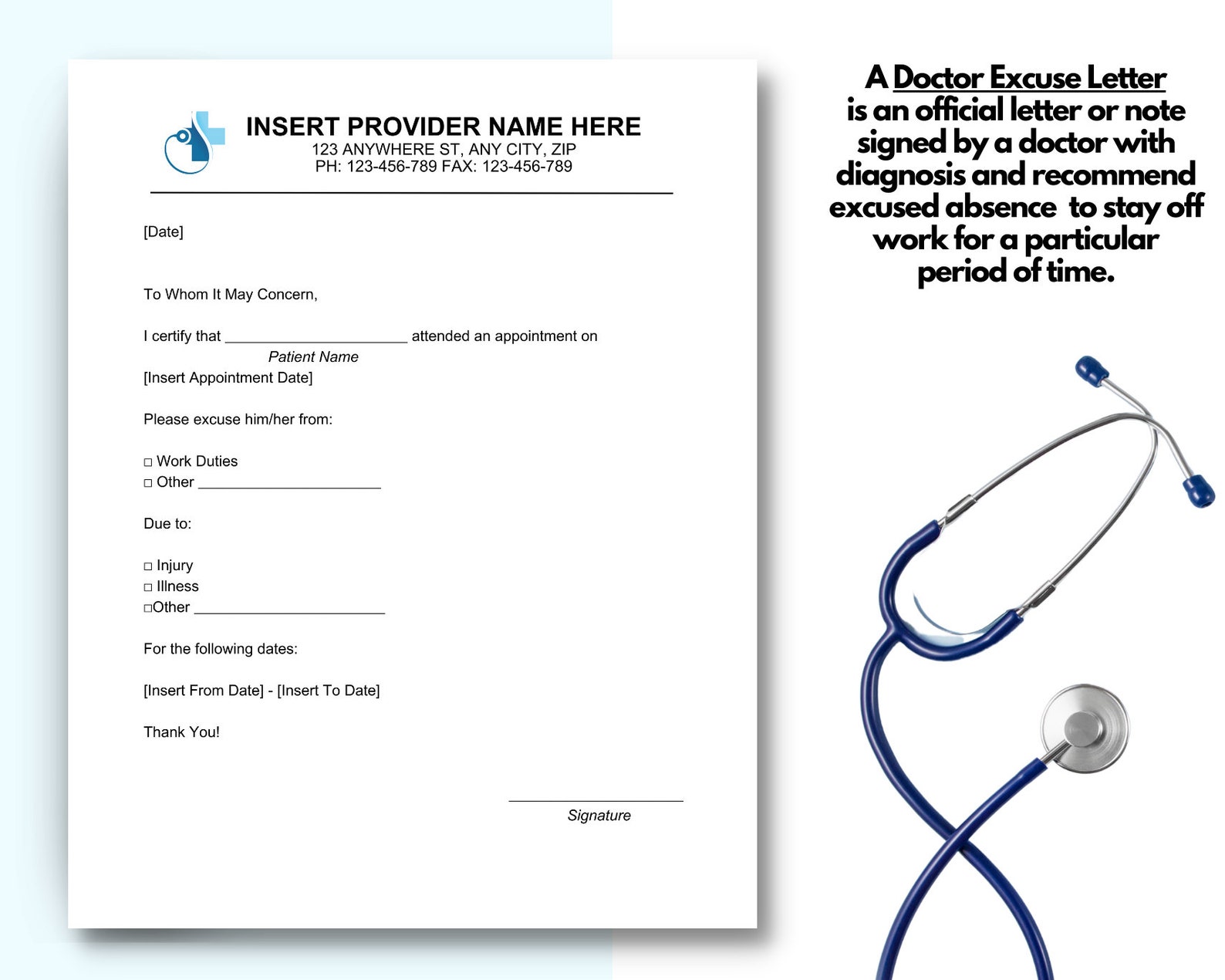 Doctor Excuse Template, Doctor Excuse Letter, Doctor Note for Work ...
