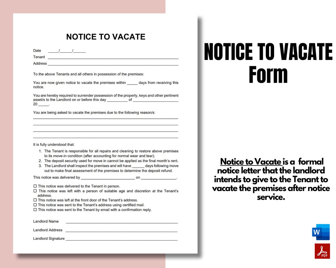 Notice to Vacate Template, Notice to Vacate Letter, Editable Notice to ...