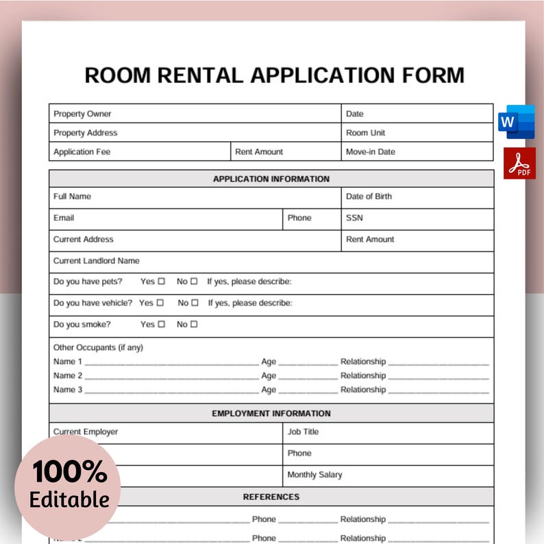 Room Rental Application Form, Rental Application, Landlord Rental ...