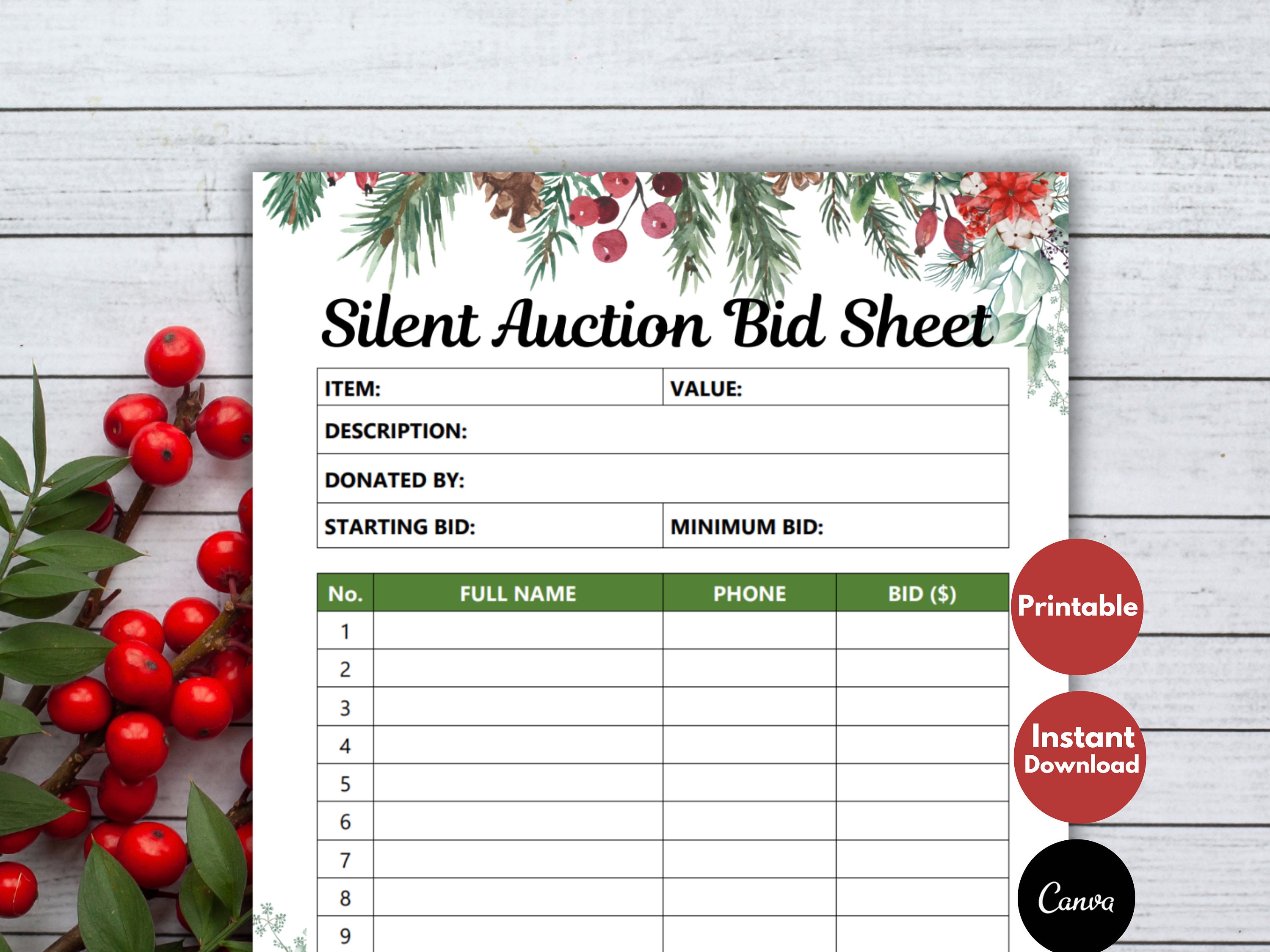 Silent Auction Bid Sheet Christmas, Printable Silent Auction Bid Sheets ...