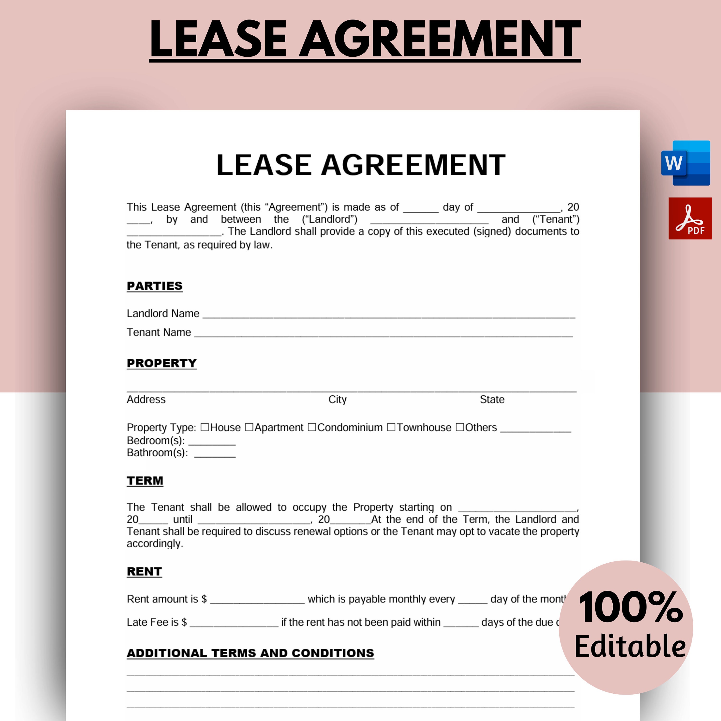 Rental Agreement, Lease Contract Template, Landlord Forms, Printable ...