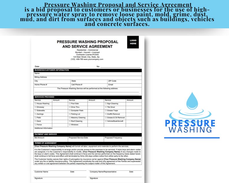 Pressure Washing Proposal & Service Agreement Pressure - Etsy