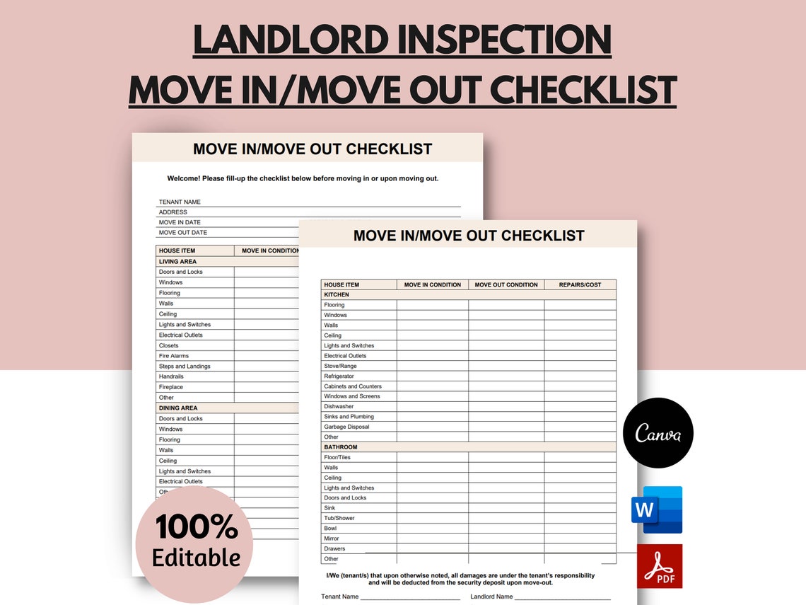Tenant Move in Move Out Checklist, Landlord Checklist, Walkthrough ...