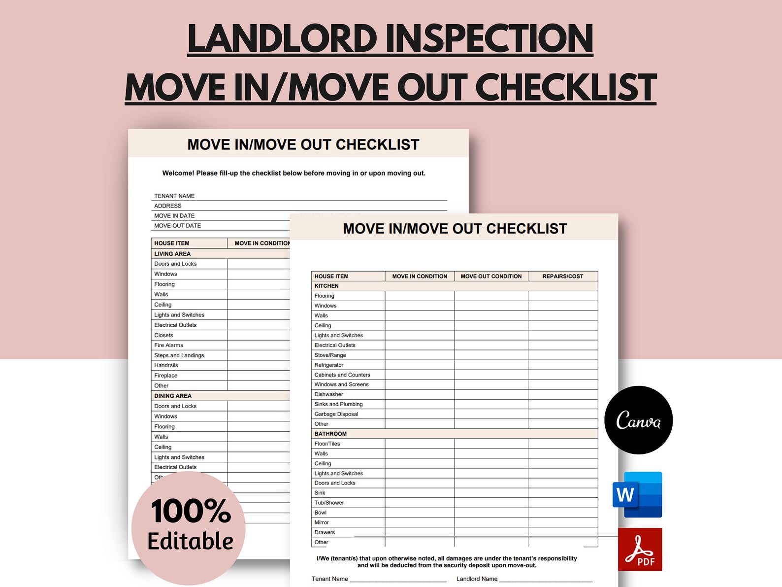 Tenant Move in Move Out Checklist, Landlord Checklist, Walkthrough ...