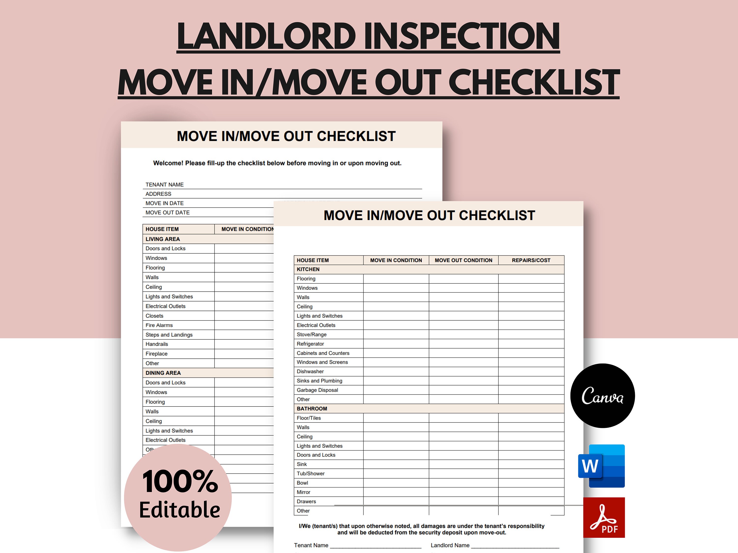 Tenant Move in Move Out Checklist, Landlord Checklist, Walkthrough ...