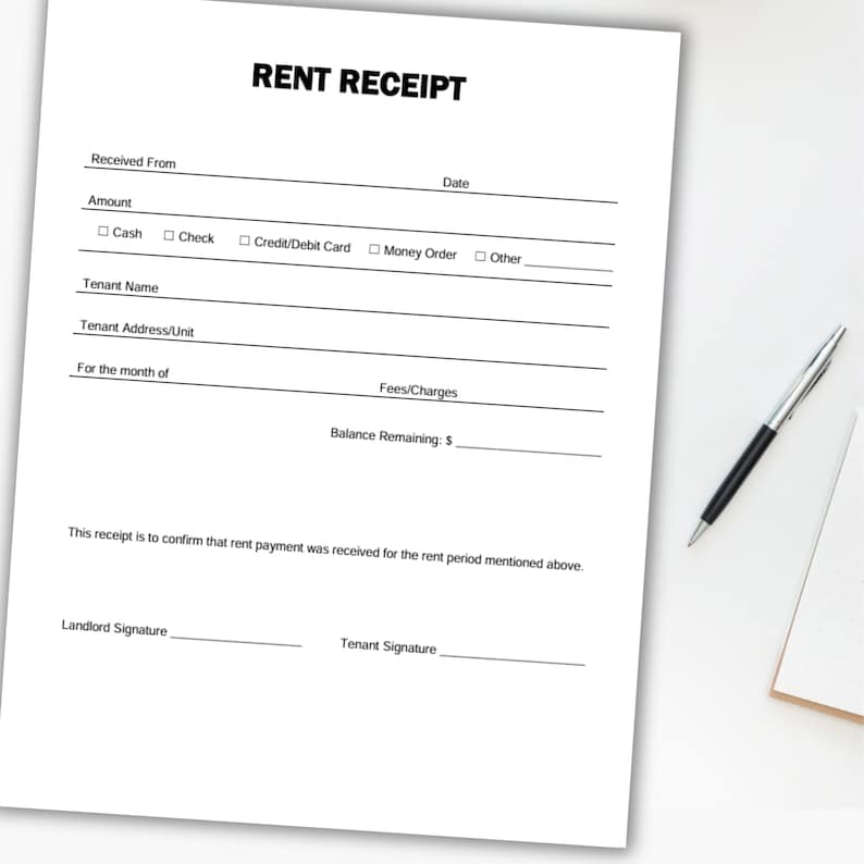 Rent Receipt, Landlord Rent Receipt, Tenant Receipt, Rental Payment ...