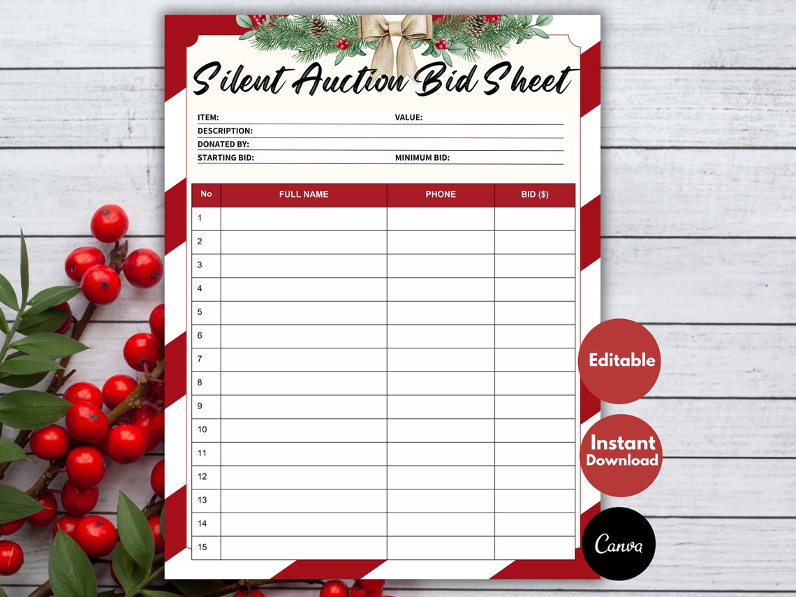 Silent Auction Bid Sheet Christmas, Printable Silent Auction Bid Sheets ...