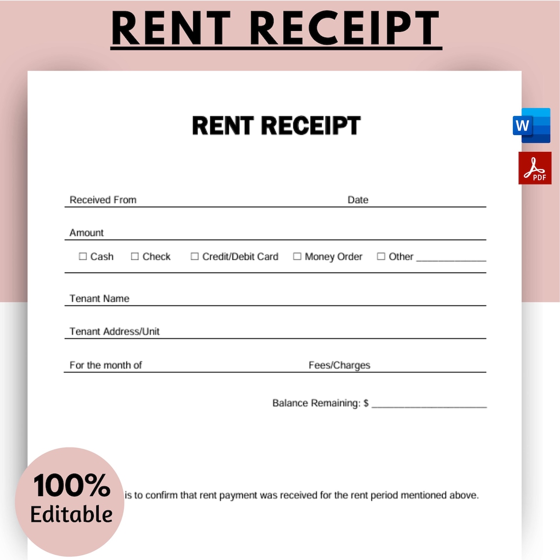 Rent Receipt, Landlord Rent Receipt, Tenant Receipt, Rental Payment ...