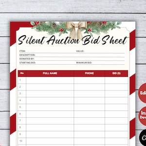 Silent Auction Bid Sheet Christmas, Printable Silent Auction Bid Sheets ...
