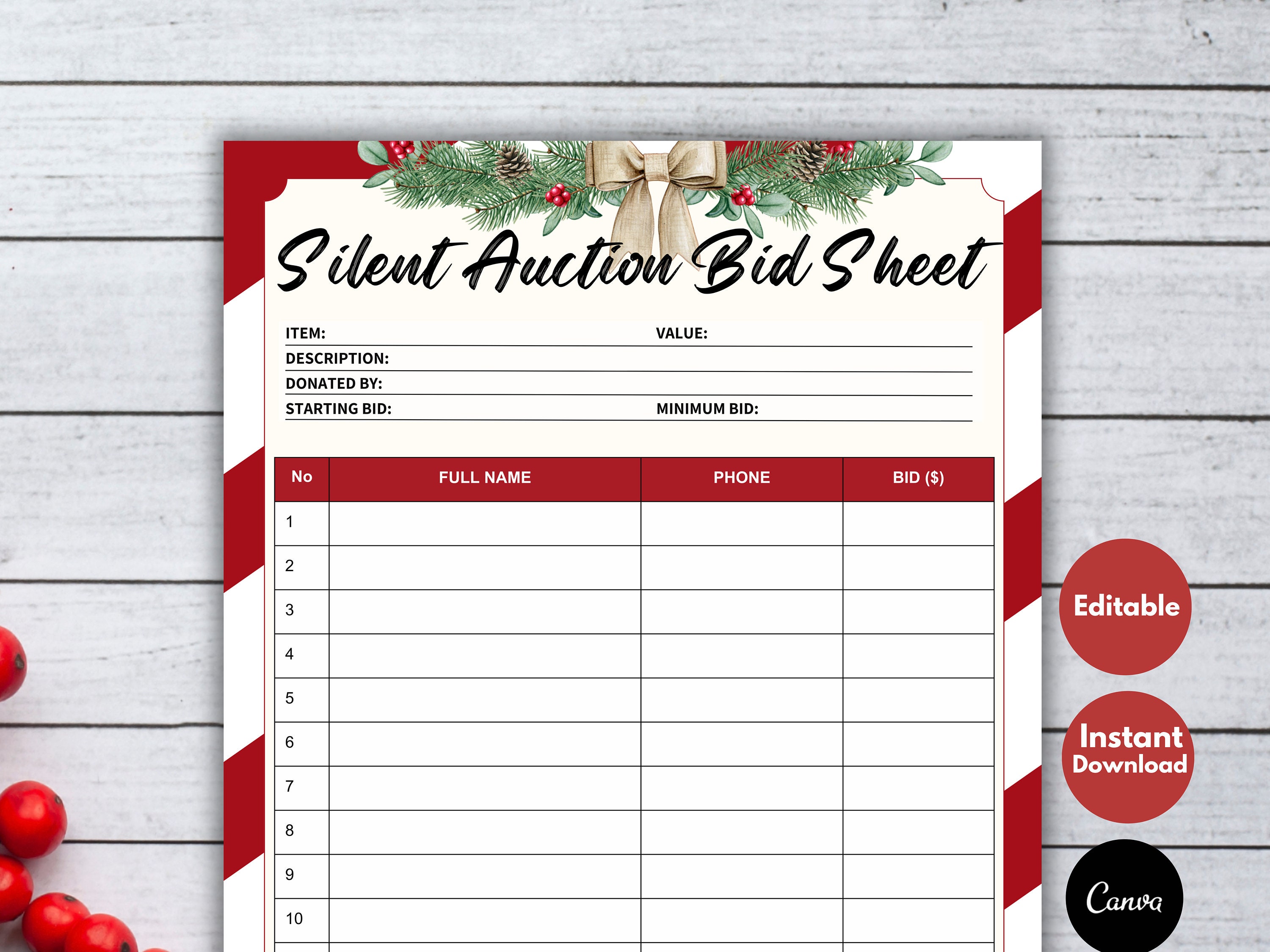 Silent Auction Bid Sheet Christmas, Printable Silent Auction Bid Sheets ...