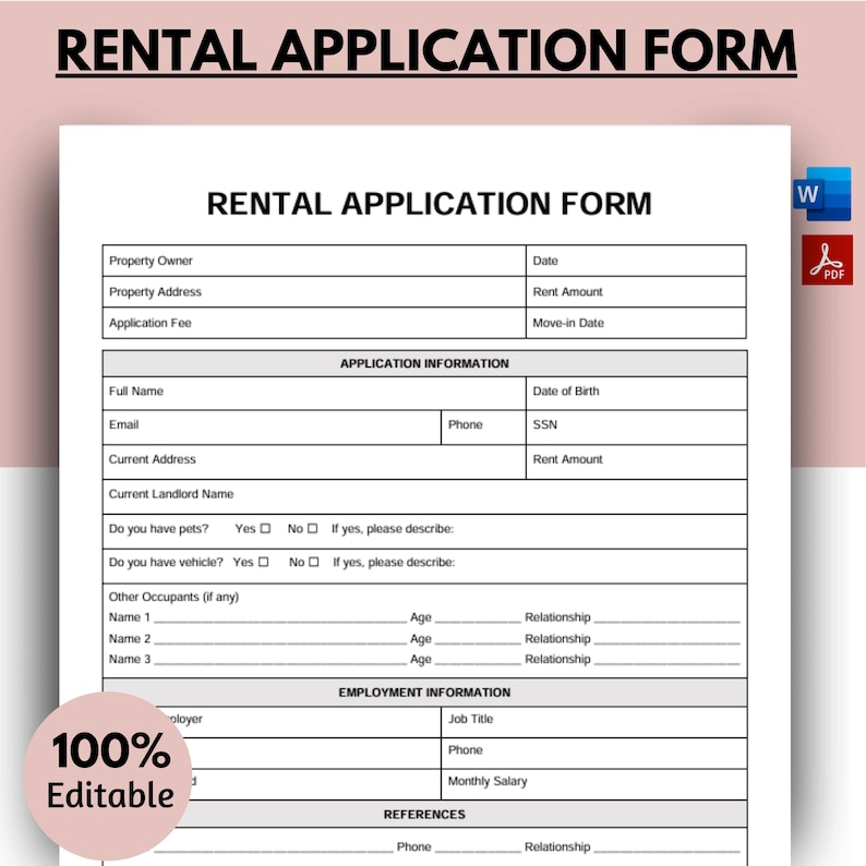 Rental Application Form, Landlord Rental Application, Tenant Rental ...