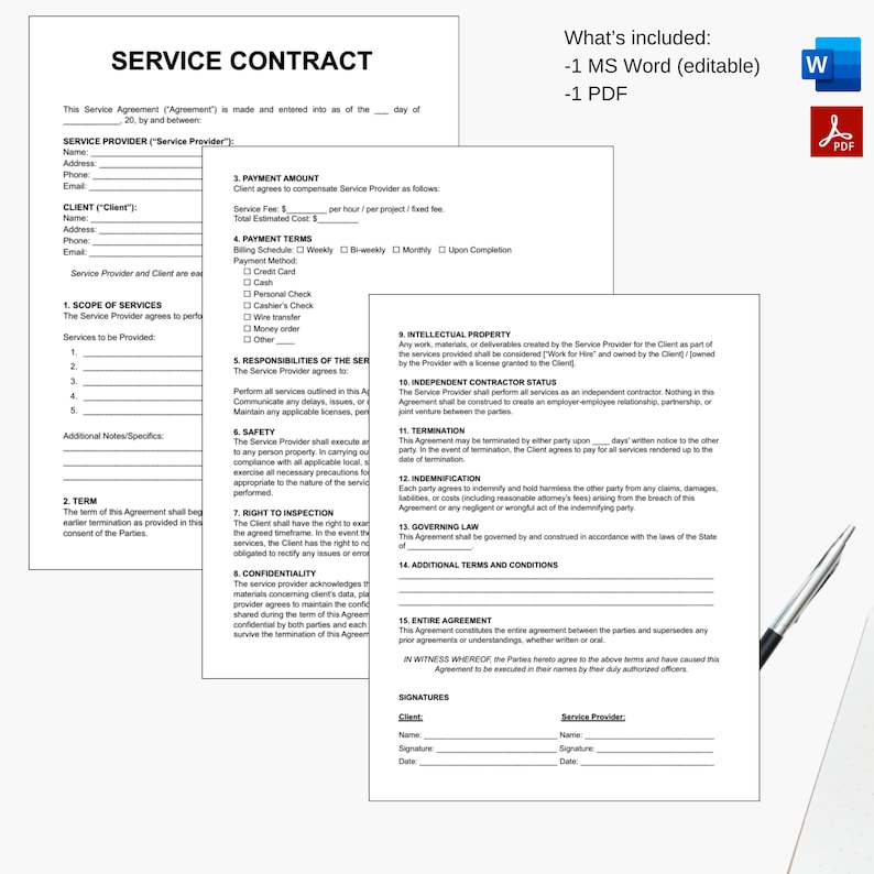 Printable Service Contract, Services Contract Agreement. Service ...