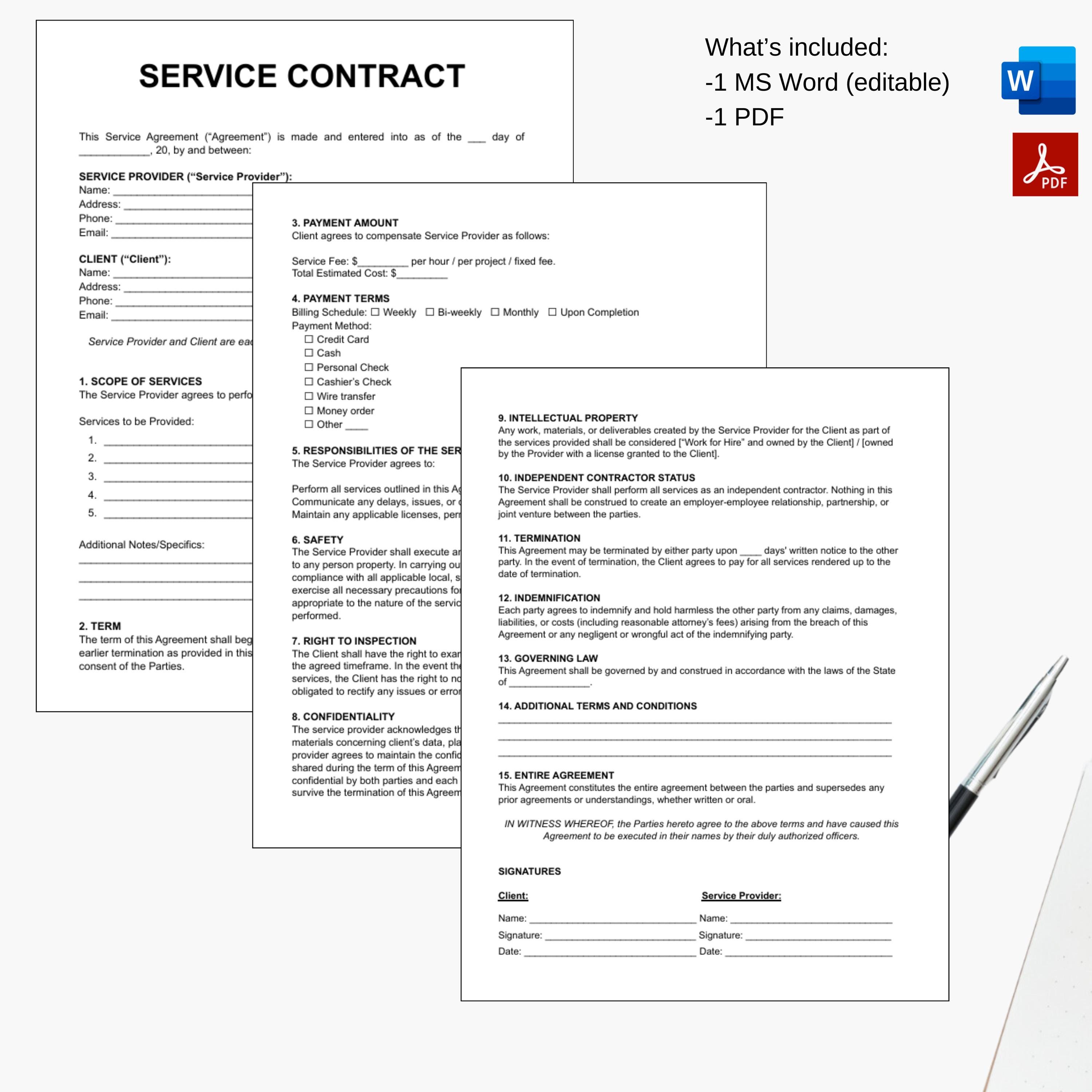 Printable Service Contract, Services Contract Agreement. Service ...