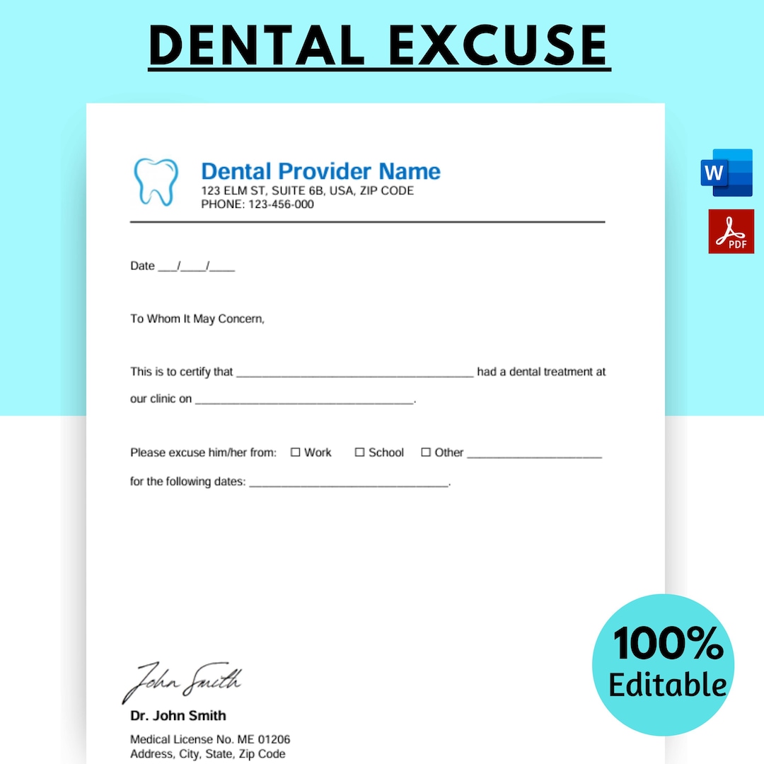 Dental Excuse, Dental Excuse Note, Doctor Excuse for Work, Doctor ...