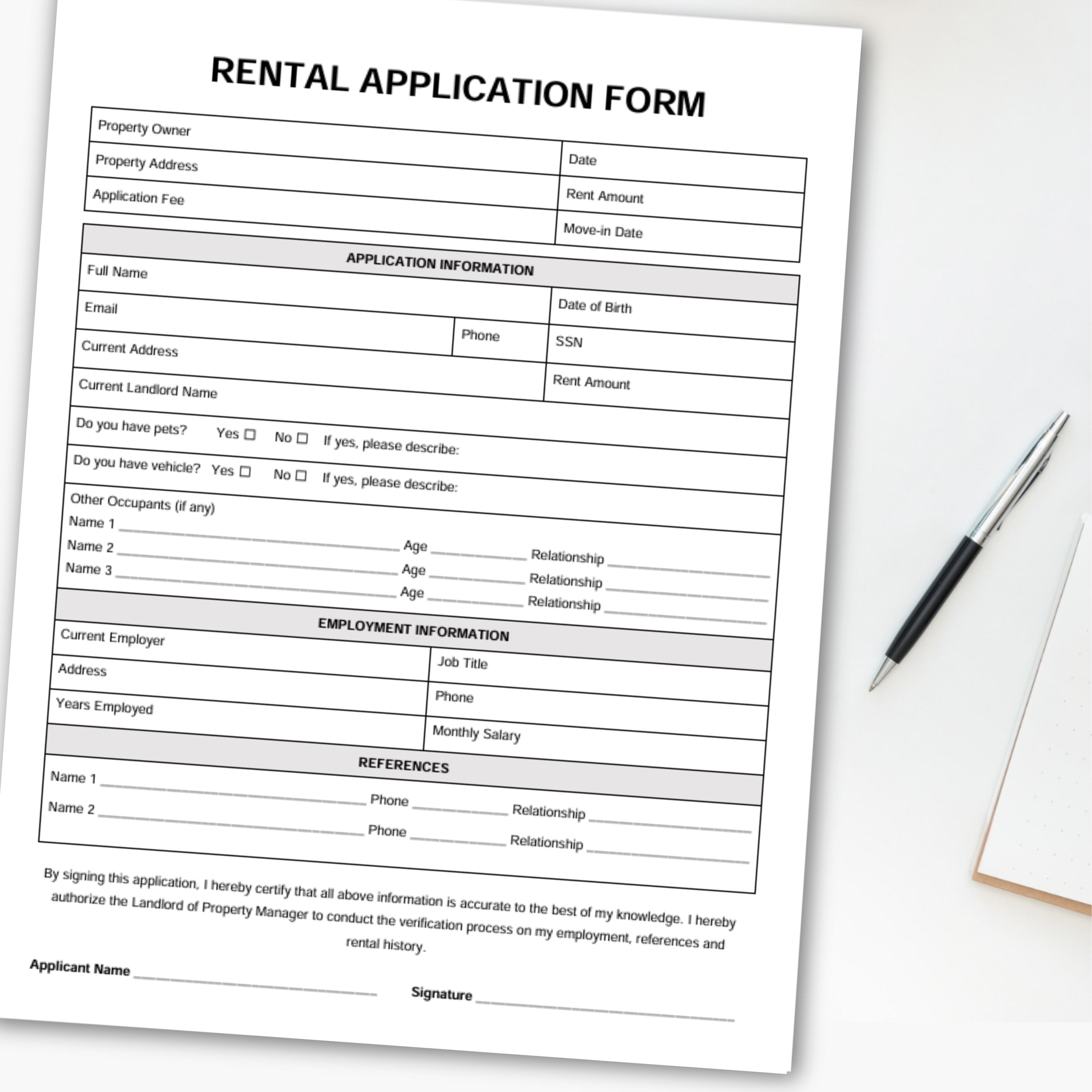 Rental Application Form, Landlord Rental Application, Tenant Rental ...