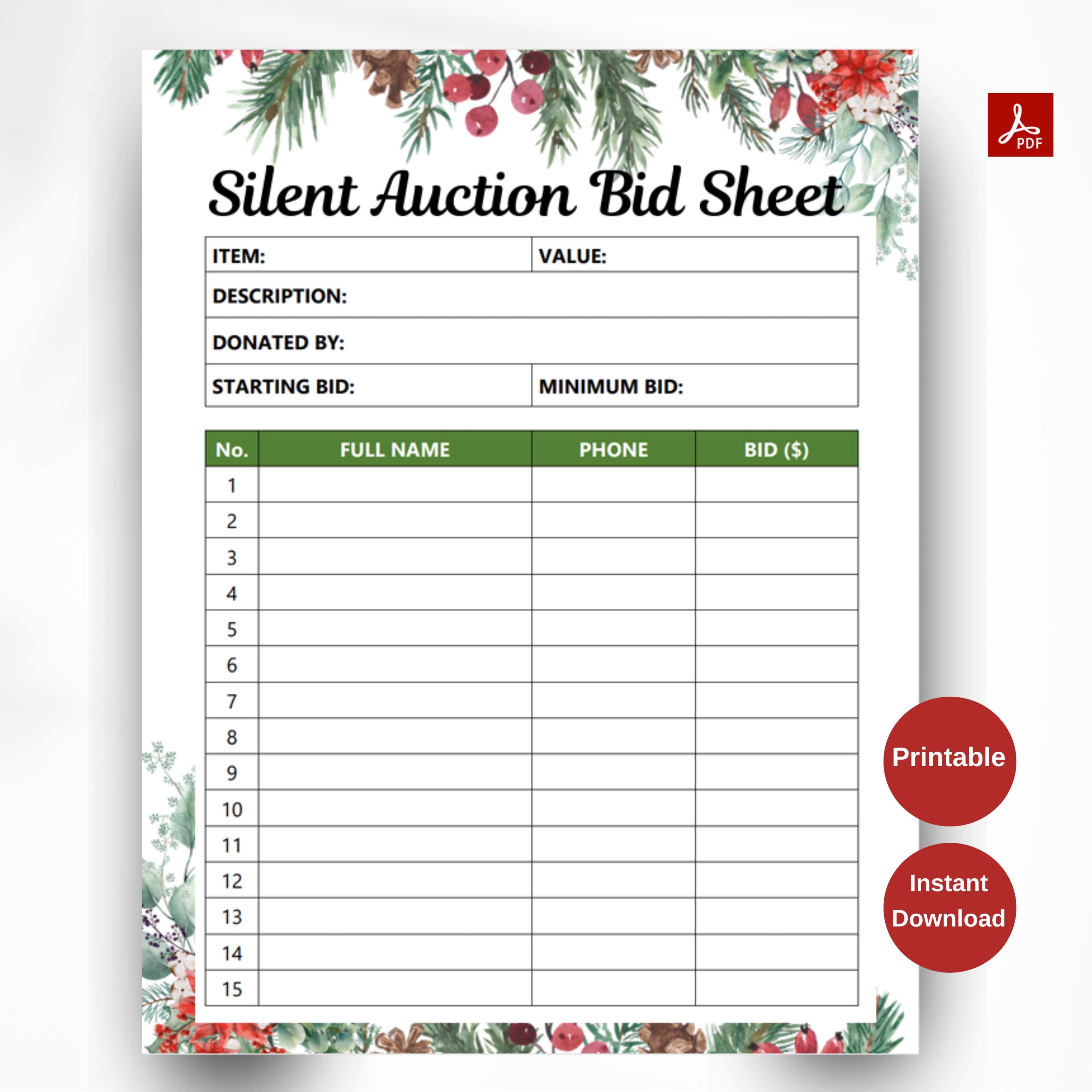 Silent Auction Bid Sheet Christmas, Printable Silent Auction Bid Sheets ...