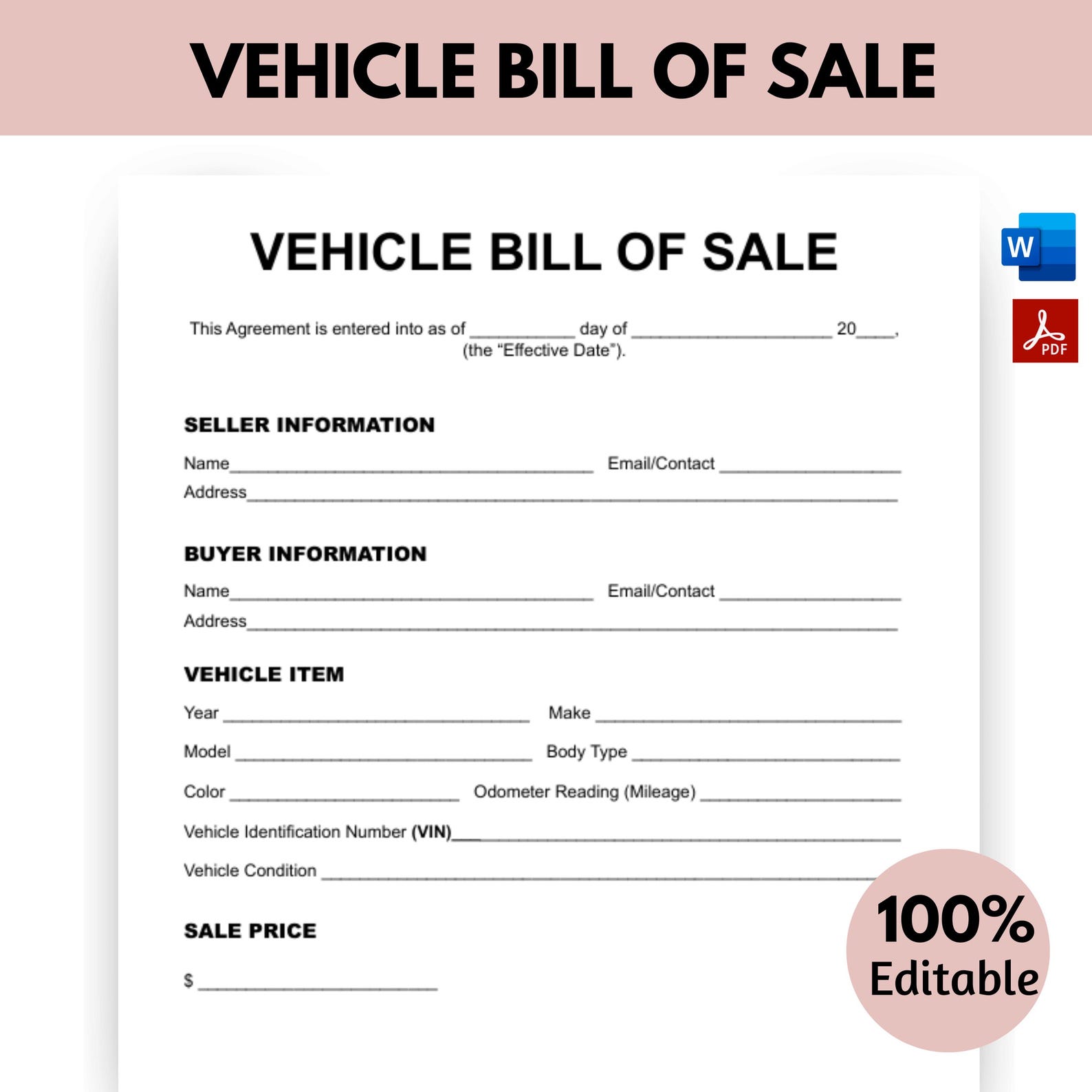Vehicle Bill of Sale, Vehicle Bill of Sale Template, Bill of Sale Form ...