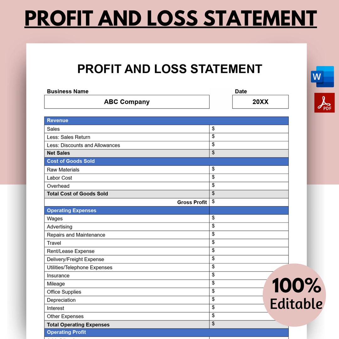 Profit and Loss Statement Template, Expense Report, Income Statement ...