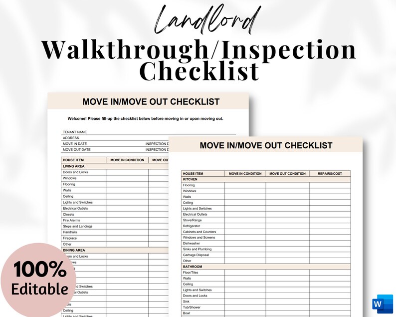 Tenant Move in Move Out Checklist Landlord Checklist - Etsy