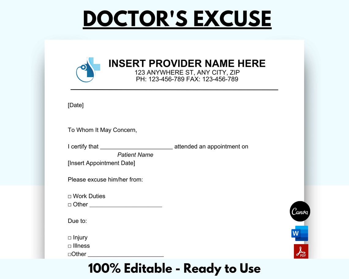 Doctor Excuse Template, Doctor Excuse Letter, Doctor Note for Work ...