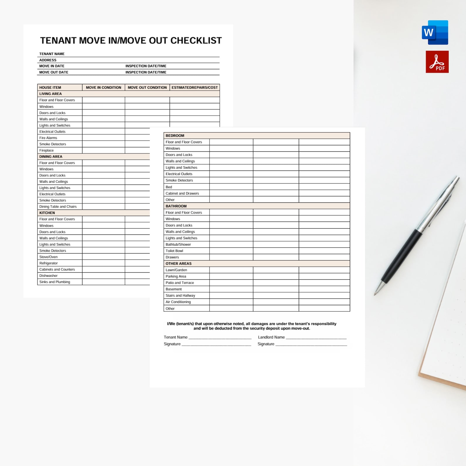 Tenant Move in Move Out Checklist, Landlord Checklist, Walkthrough ...