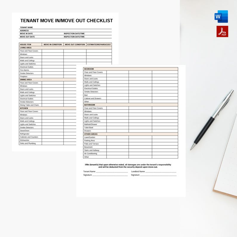 Tenant Move in Move Out Checklist, Landlord Checklist, Walkthrough ...