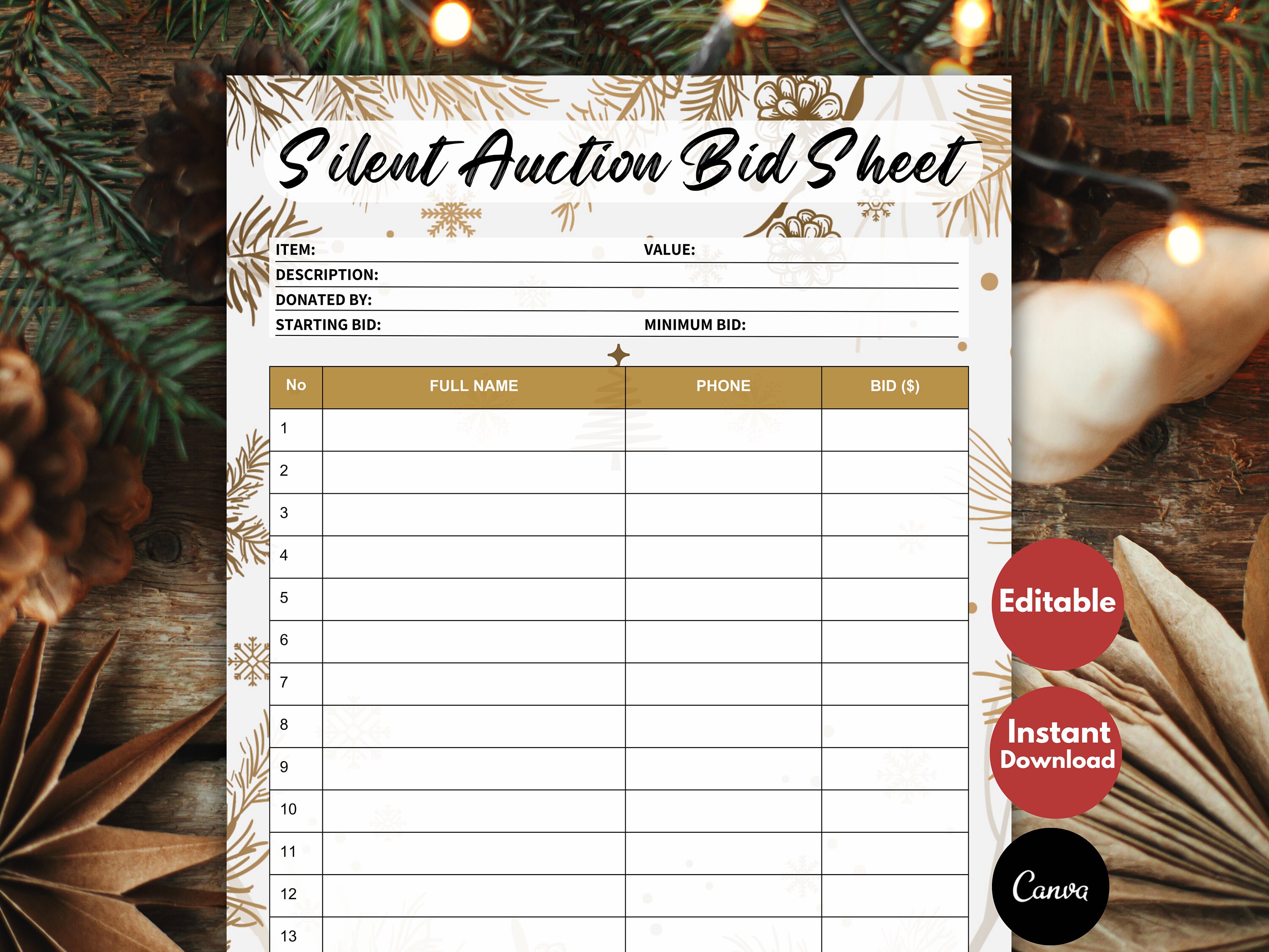 Silent Auction Bid Sheet Christmas, EDITABLE Silent Auction Bid Sheets ...