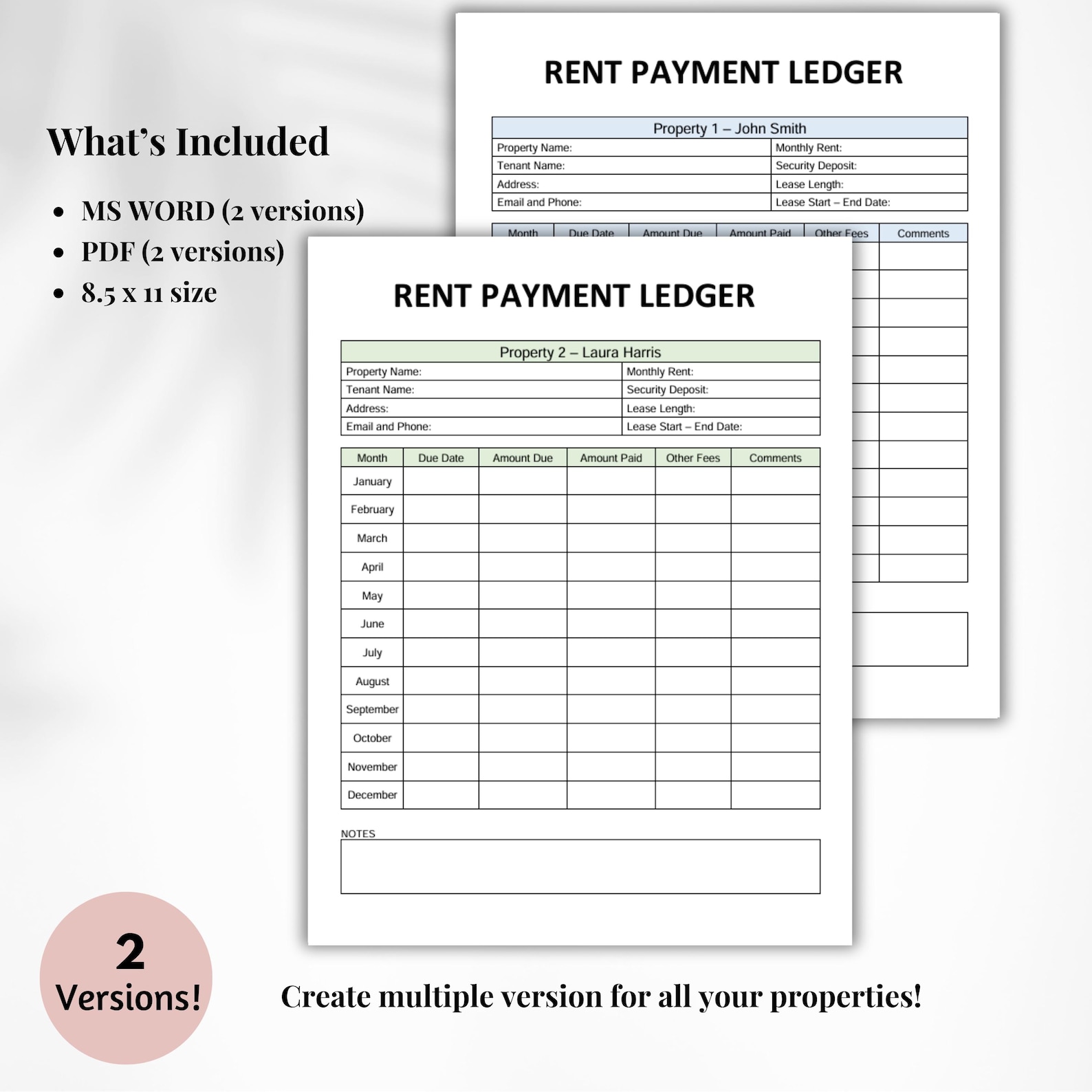 Editable Rent Payment Ledger Template, Monthly Rent Payment Tracker ...