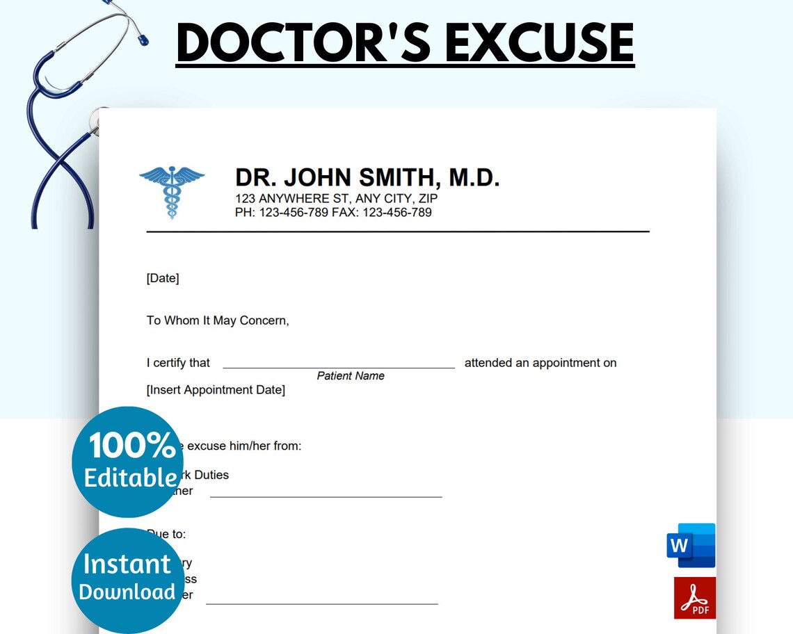 Doctor Excuse Template Doctor Excuse for Work Doctor Excuse - Etsy
