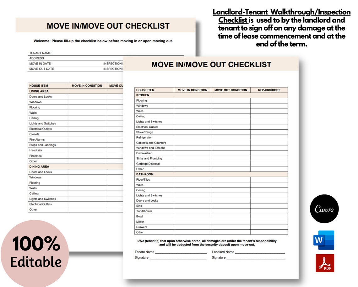 Tenant Move in Move Out Checklist, Landlord Checklist, Walkthrough ...