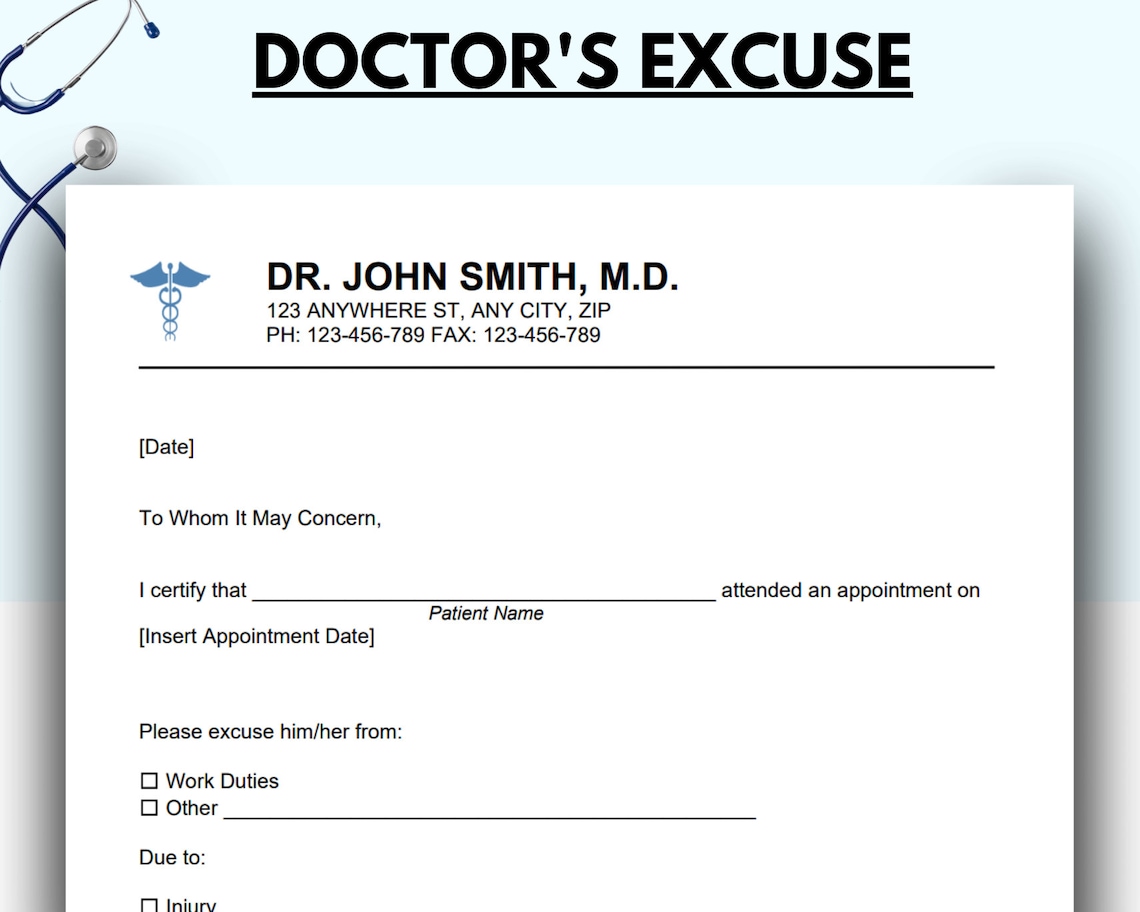Doctor Excuse Template, Doctor Excuse for Work, Doctor Excuse Letter ...