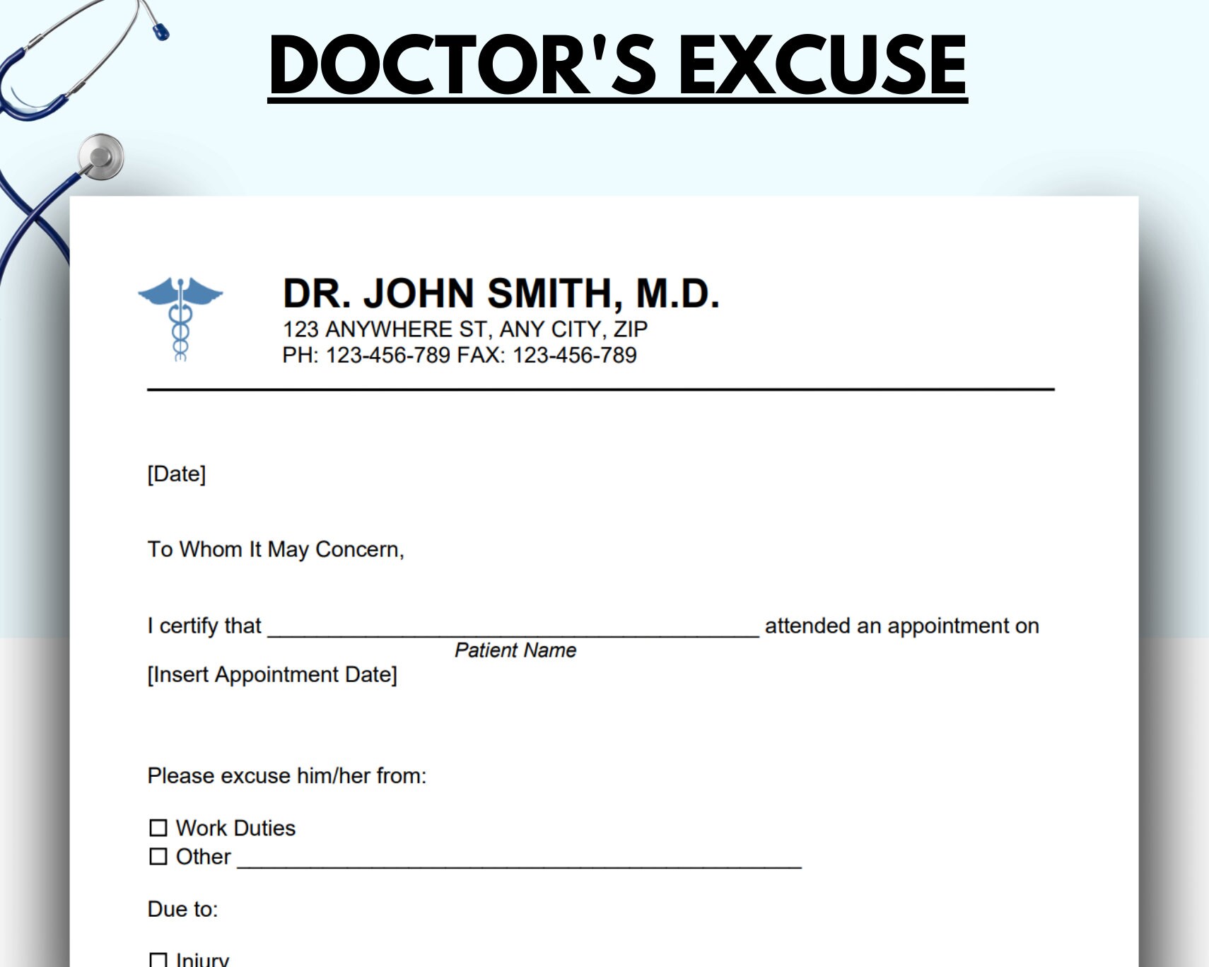 Doctor Excuse Template Doctor Excuse For Work Doctor Excuse Etsy