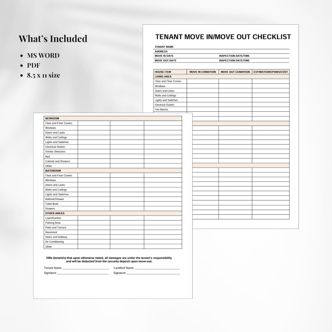 Tenant Move in Move Out Checklist, Landlord Checklist, Walkthrough ...