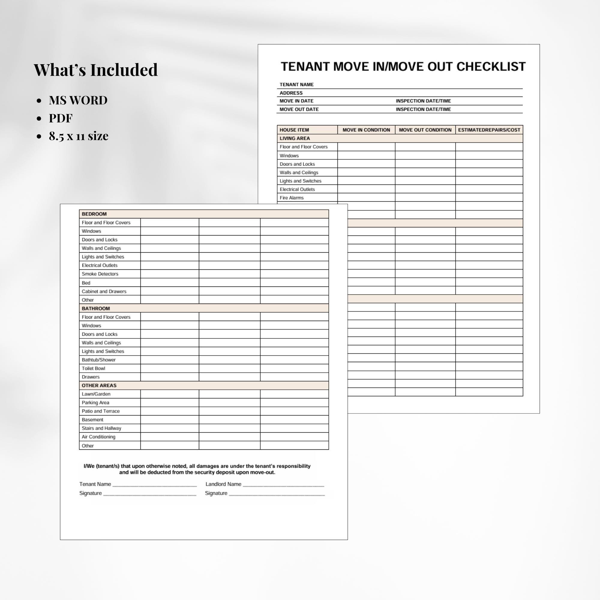 Tenant Move in Move Out Checklist, Landlord Checklist, Walkthrough ...