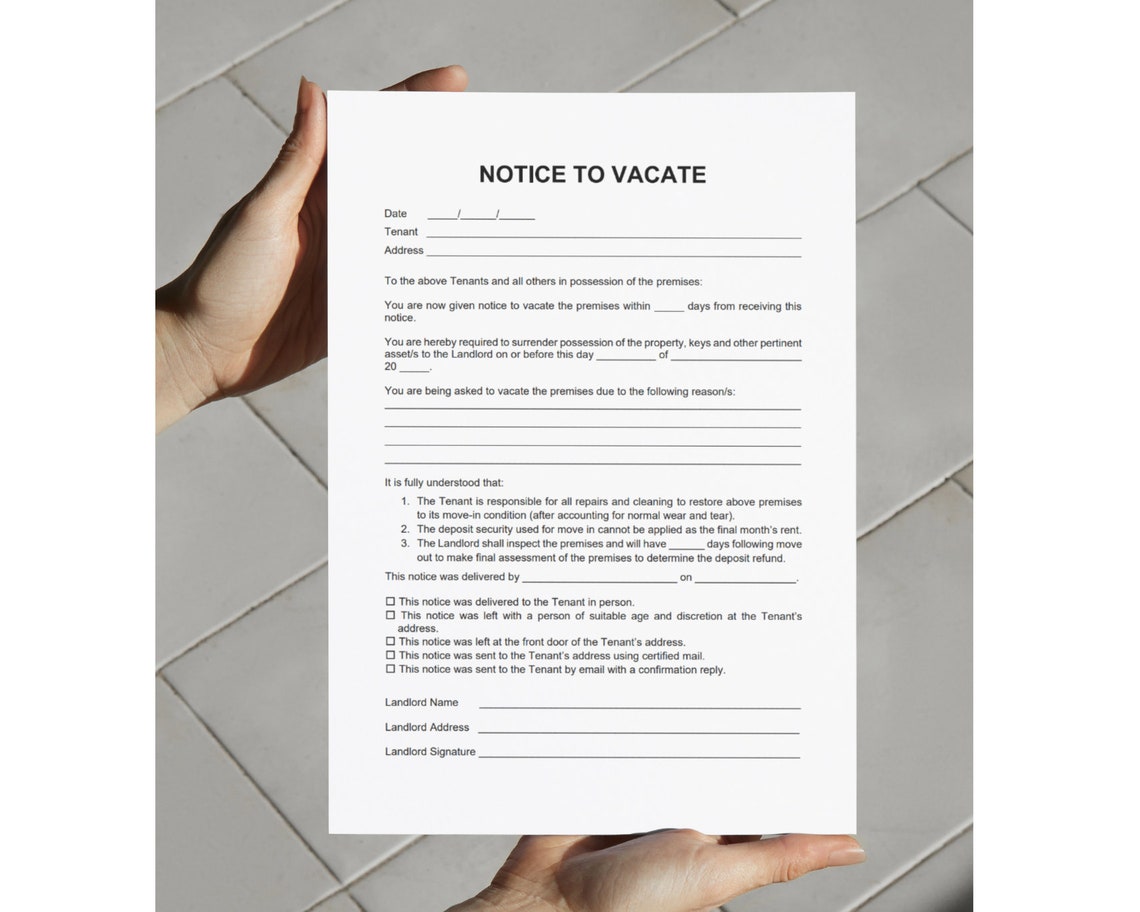 Notice to Vacate Template, Notice to Vacate Letter, Editable Notice to ...