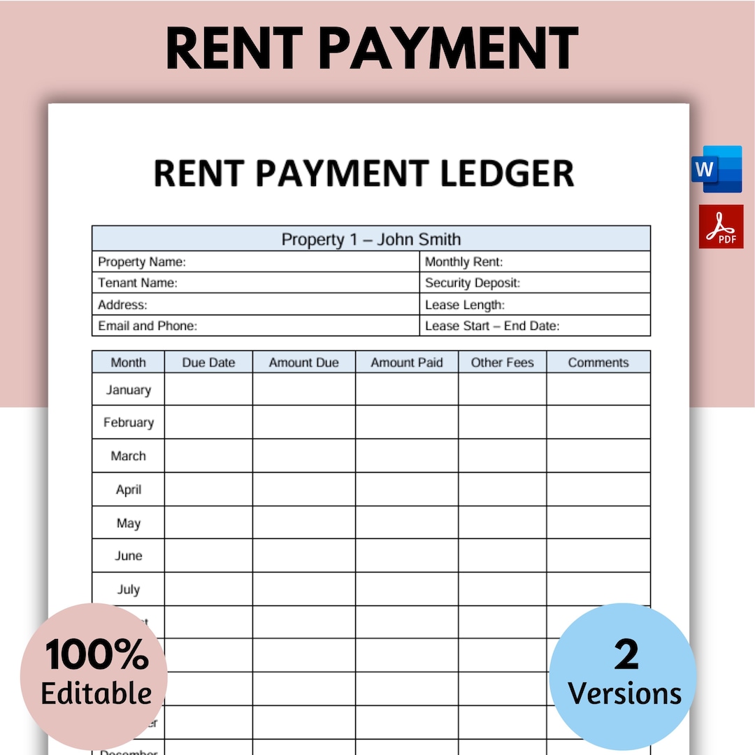 Editable Rent Payment Ledger Template, Monthly Rent Payment Tracker ...