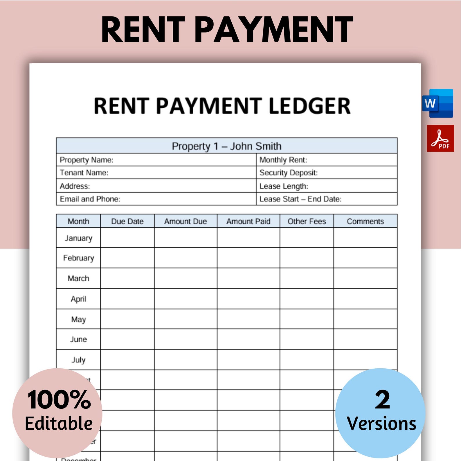 Editable Rent Payment Ledger Template, Monthly Rent Payment Tracker ...