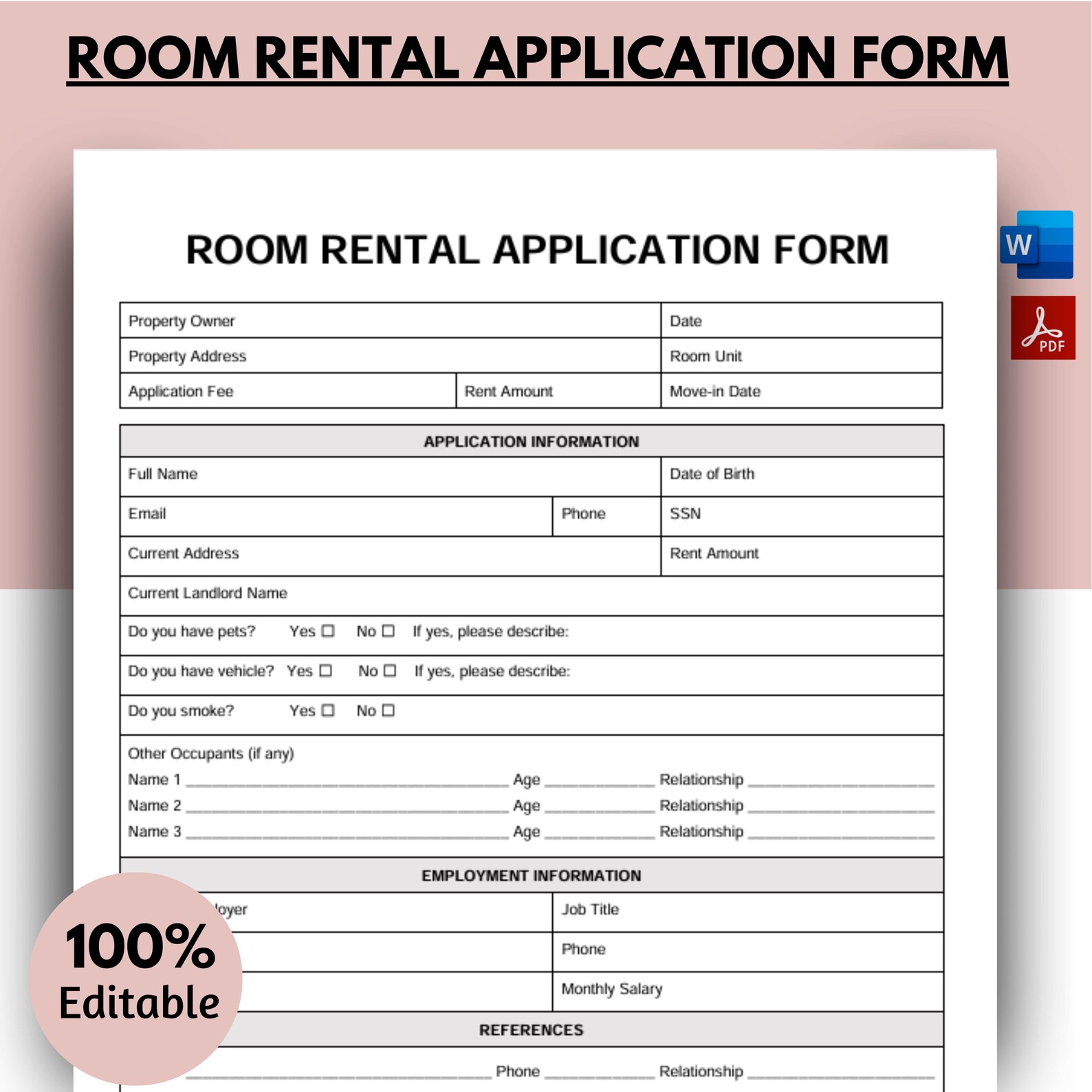 Room Rental Application Form, Rental Application, Landlord Rental ...