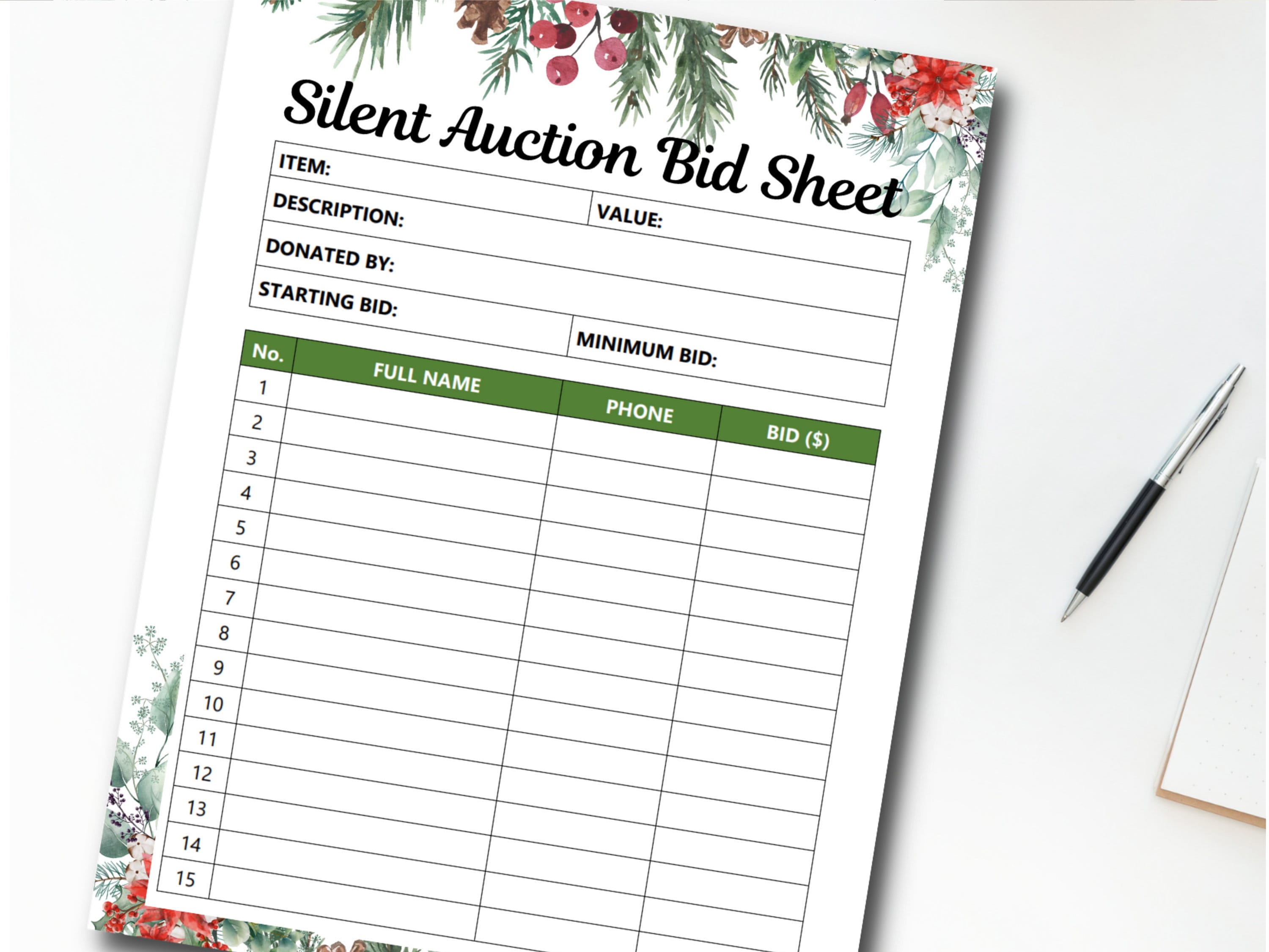 Silent Auction Bid Sheet Christmas, Printable Silent Auction Bid Sheets ...