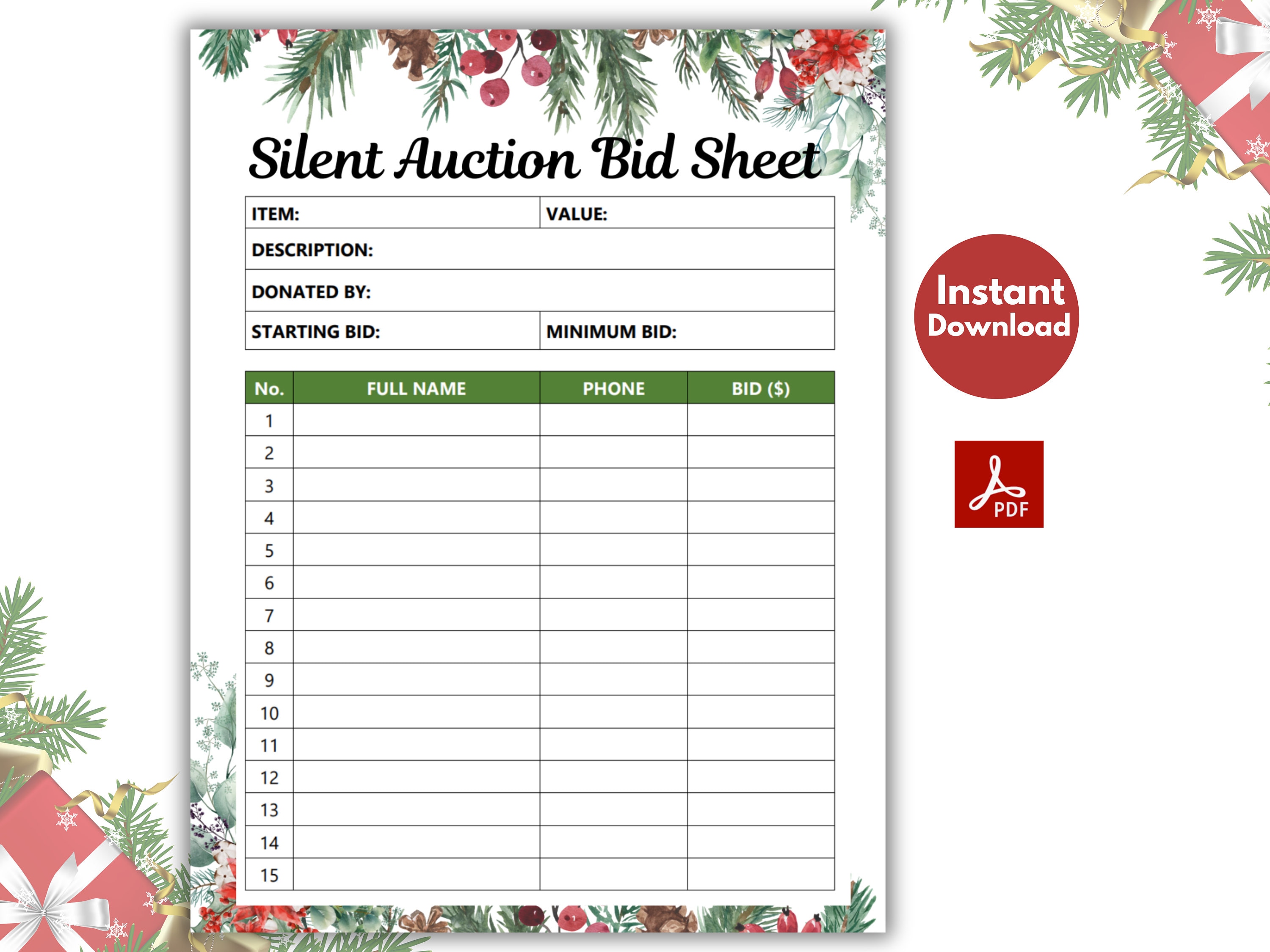 Silent Auction Bid Sheet Christmas, Printable Silent Auction Bid Sheets ...