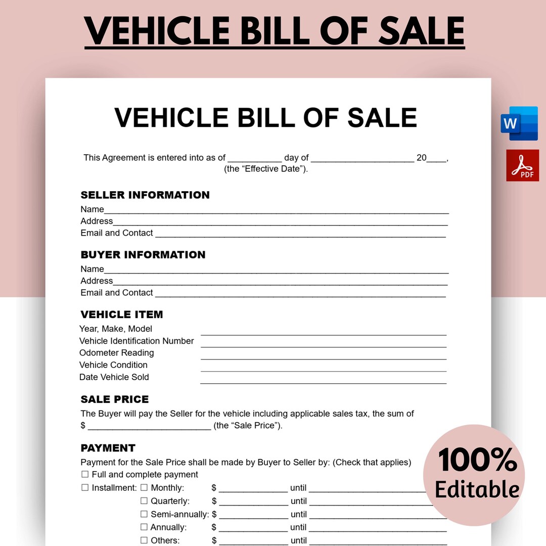Vehicle Bill of Sale, Vehicle Bill of Sale Template, Bill of Sale Form ...