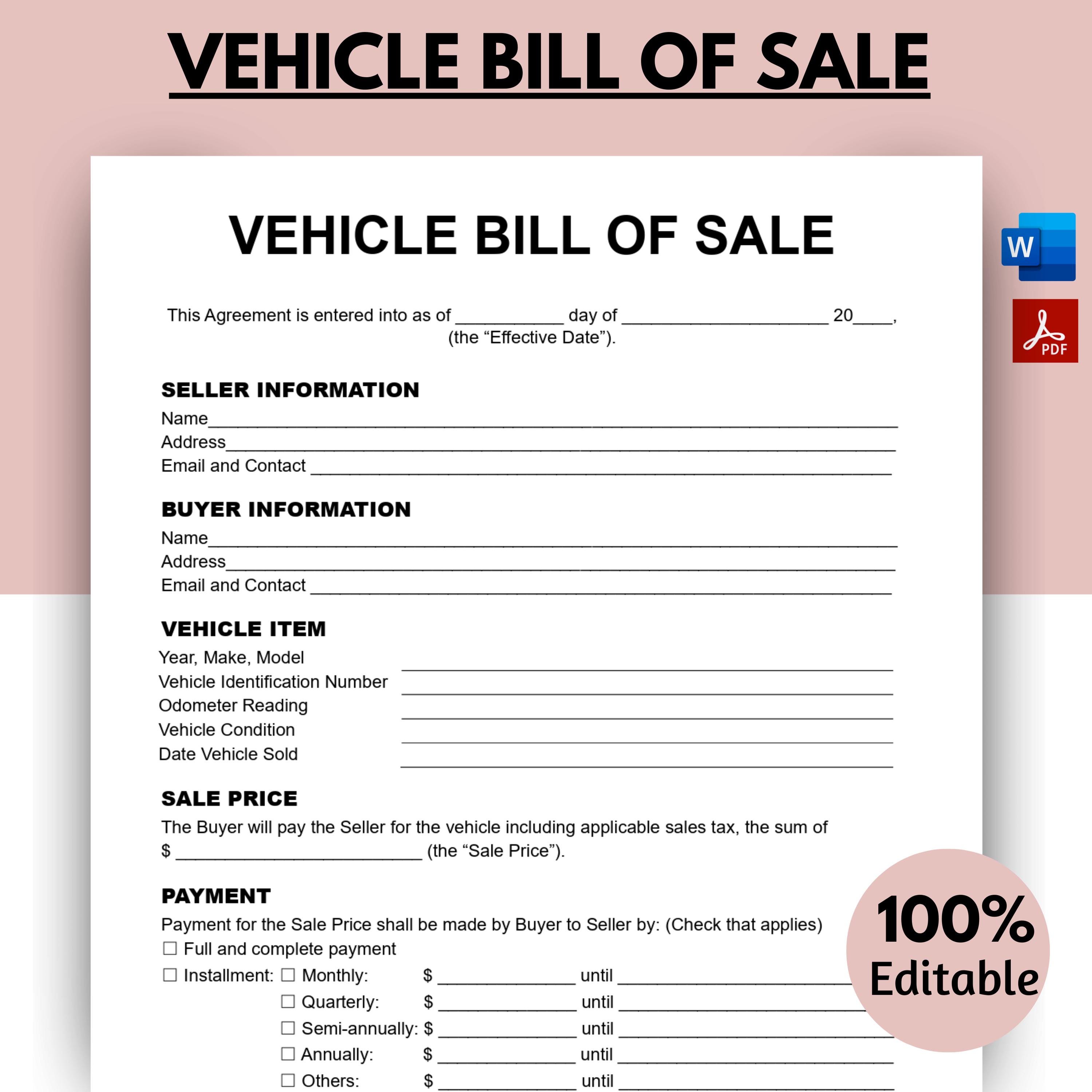 Vehicle Bill of Sale, Vehicle Bill of Sale Template, Bill of Sale Form ...
